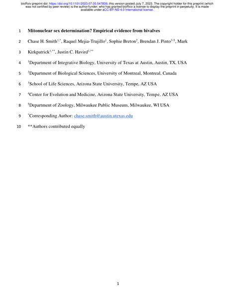 Pdf Mitonuclear Sex Determination Empirical Evidence From Bivalves