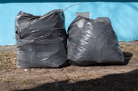 집의 파란 벽을 배경으로 쓰레기로 가득 찬 두 개의 검은 비닐 봉지 거리 청소 0명에 대한 스톡 사진 및 기타 이미지 0명 가득 찬 가방 Istock