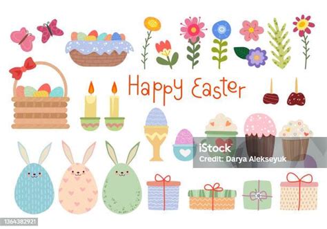 부활절 디자인에 대한 요소 집합입니다 컵케이크 계란 바구니 촛불 다양한 꽃 다른 부활절 항목의 컬렉션 부활절 클립 아트 벡터 0명에 대한 스톡 벡터 아트 및 기타 이미지