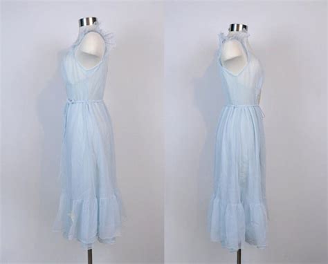 Vintage Lingerie Nightgown Sky Blue Gold Applique Gem