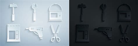 전기 뜨거운 접착제 총 페인트 양동이 시멘트 가방 가위 조절 렌치와 해머 아이콘을 설정합니다 벡터 3차원 형태에 대한 스톡 벡터 아트 및 기타 이미지 Istock