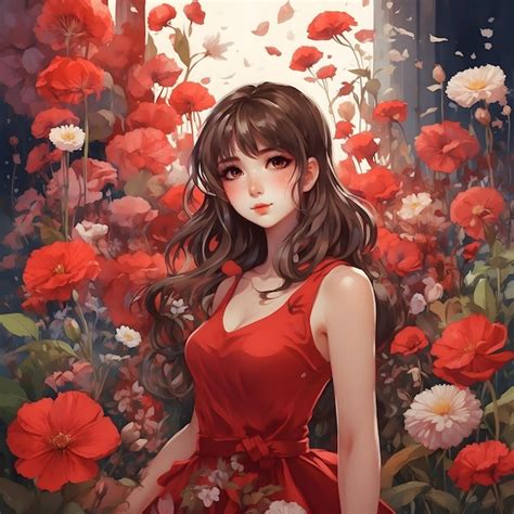 Premium Ai Image Anime Girl In Red Dress Amidst Flowers