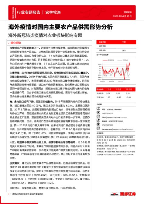 海外新冠肺炎疫情对农业板块影响专题：海外疫情对国内主要农产品供需形势分析