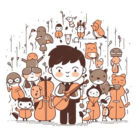 악기를 연주하는 아이들 귀여운 만화 캐릭터 프리미엄 벡터