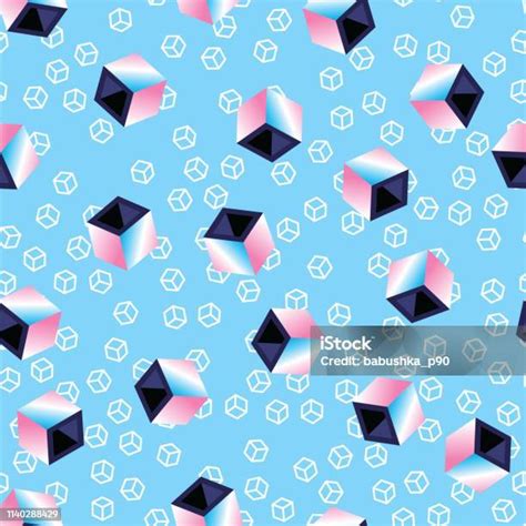파란색 패턴 배경에 여러 가지 빛깔의 3d 큐브 완벽 한 패턴 기하학적 큐브 복고 스타일입니다 80s 스타일 추상적 인 기하학적 구성 3차원 형태에 대한 스톡 벡터 아트 및