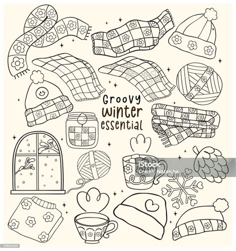 귀여운 그루비 레트로 겨울 것들 필수 물건 개요 손으로 그린 낙서 클립 아트 세트 강렬하고 밝은 색상에 대한 스톡 벡터 아트 및 기타 이미지 강렬하고 밝은 색상 개성