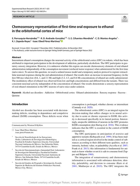 Chemosensory Representation Of First Time Oral Exposure To Ethanol In The Orbitofrontal Cortex
