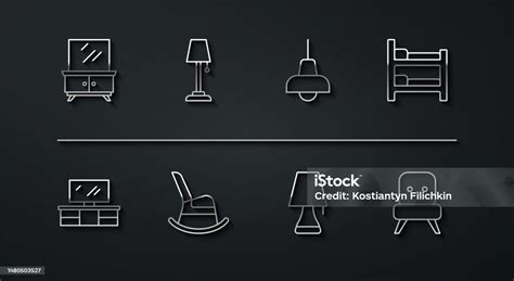 세트 라인 드레싱 테이블 Tv 스탠드 이층 침대 테이블 램프 흔들 의자 바닥 안락 의자 및 램프 교수형 아이콘 벡터 2 층침대에 대한 스톡 벡터 아트 및 기타 이미지