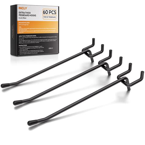 Incly 60 Pack 6 Inch Black Pegboard Hooks 1 4 Heavy Duty Peg Board Shelving Hooks Accessories