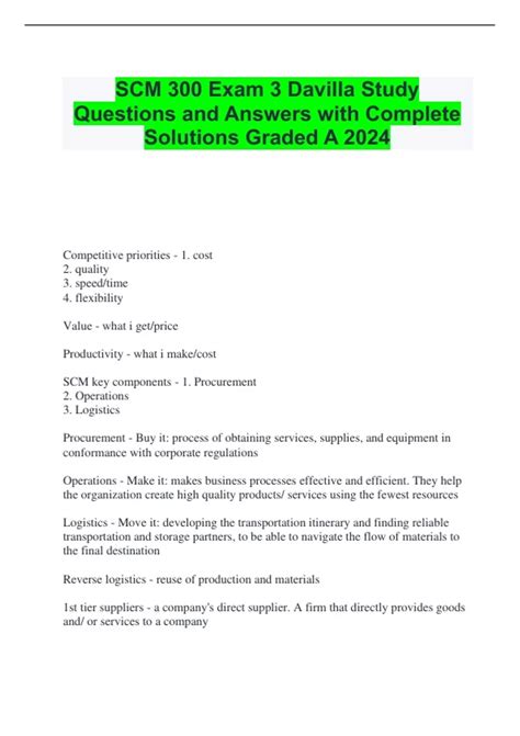 SCM Exam Davilla Study Questions And Answers With Complete Solutions Graded A SCM
