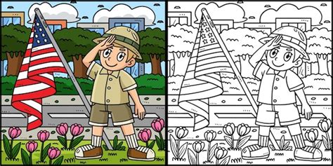 이 컬러링 페이지 는 메모리얼 데이 어린이 인사 를 보여 준다 이 일러스트레이션 의 한 면 은 컬러링 되어 있으며 어린이 들 에게 영감 을 준다 프리미엄 벡터