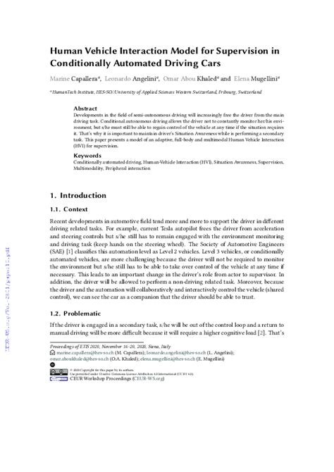 Pdf Human Vehicle Interaction Model For Supervision In Conditionally