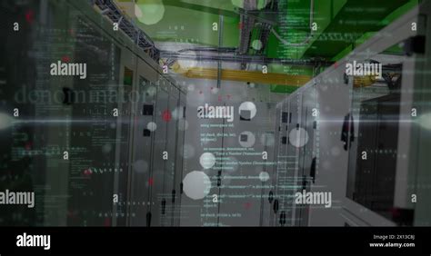 Image Of Data Processing Symbols White Spots And Light Trails Against Computer Server Room