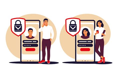 개념에 가입하십시오 스마트 폰 앱에서 온라인 계정에 가입하거나 로그인하는 젊은 사람들 로그인 및 비밀번호를 보호합니다 벡터 그림입니다 플랫 Brand Name Smart