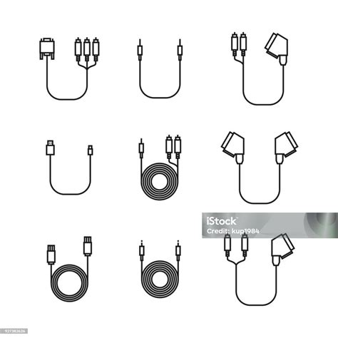 선 벡터 일러스트 레이 션의 플러그와 코드와 케이블의 아이콘 스카트소켓에 대한 스톡 벡터 아트 및 기타 이미지 스카트소켓 플러그 어댑터 Usb 케이블 Istock