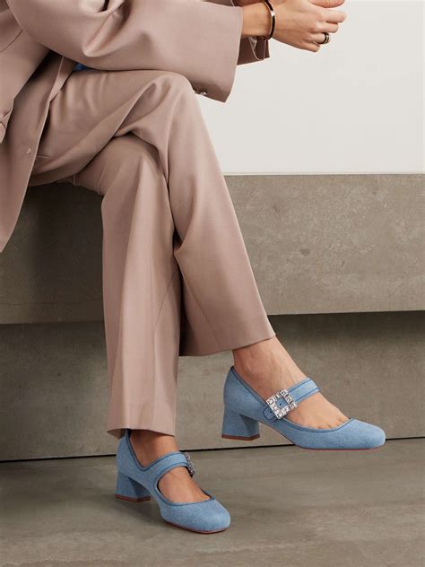 Roger Vivier Très Vivier Crystal Embellished Denim Mary Jane Pumps