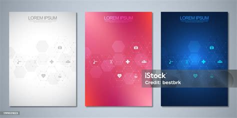 템플릿 브로셔 또는 표지 책 페이지 레이아웃 전단지 디자인 건강 관리 사업 혁신 의학 약국 기술에 대한 개념과 아이디어 평면 아이콘과 기호와 의료 배경 0명에 대한 스톡