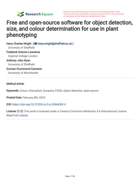 PDF Free And Open Source Software For Object Detection Size And Colour Determination For Use