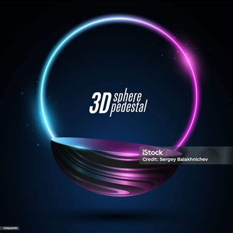 빛나는 반짝이는 네온 아크가 있는 줄무늬 패턴으로 질감이 있는 미래 지향적인 구체 연단 브랜드 제품을 선보이는 3d 받침대 벡터 그림입니다 3차원 형태에 대한 스톡 벡터