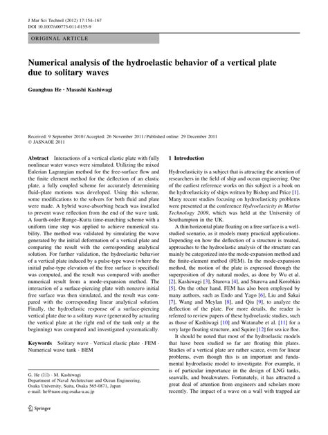 PDF Numerical Analysis Of The Hydroelastic Behavior Of A Vertical Plate Due To Solitary Waves
