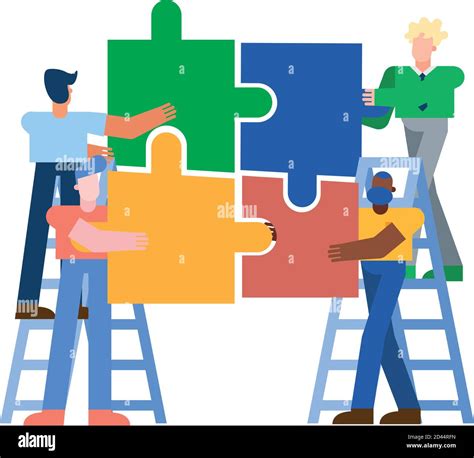 Men With Puzzles On Ladders Design Jigsaw Game And Teamwork Theme