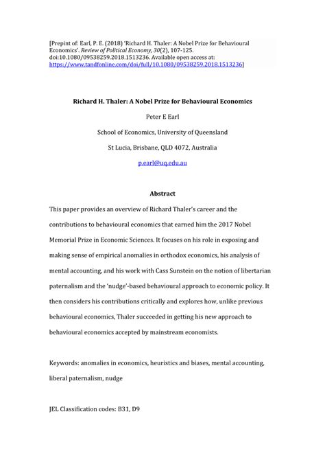 Pdf Richard H Thaler A Nobel Prize For Behavioural Economics