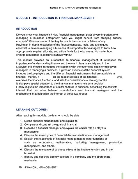 Module 1 Introduction To Financial Management Module 1