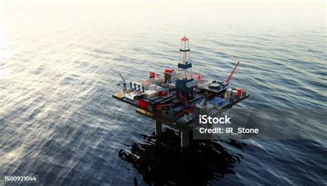 근해 석유 굴착 장치 시추 장비 착 장치 일몰 도중 바다에 기름 플랫폼 3d 렌더링 그림석유 펌프 석유 산업 장비 해질녘 실루엣에서 드릴링 데릭 에너지 공급 위기 3차원