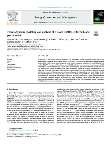 Pdf Thermodynamic Modeling And Analysis Of A Novel Pemfc Orc Combined