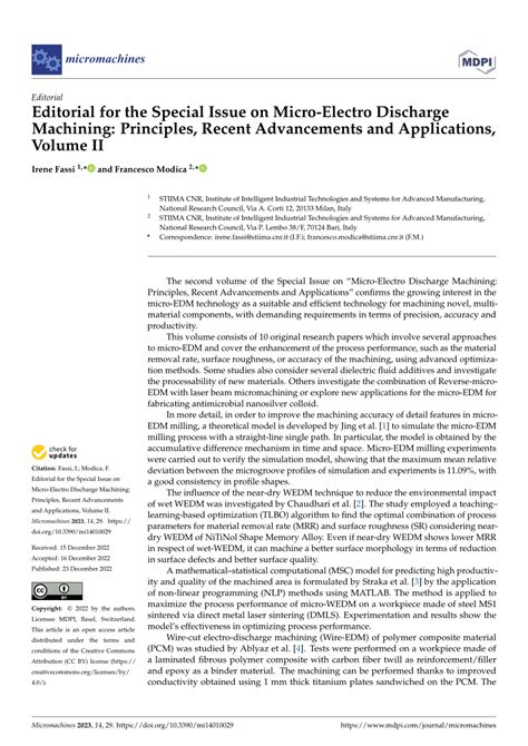 Pdf Editorial For The Special Issue On Micro Electro Discharge Machining Principles Recent