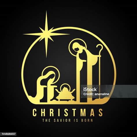 메리 크리스마스 구세주 탄생 현대 골드 현대 스타일 마리아와 요셉과 함께 성탄절 어두운 배경에 원을 그리며 아기 예수 벡터 일러스트레이션 디자인 성탄화에 대한 스톡 벡터