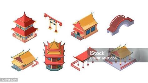 중국 민족 건물 등각 세트 아시아 전통 고대 스타일의 아치 브리지 다층 사원 탑 일본 의식 게이트 한국 귀족 주택 동양 구조 벡터 만화 등대 0명에 대한 스톡 벡터 아트 및