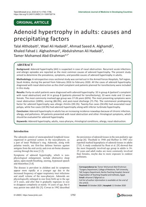 Adenoid Hypertrophy In Adults Causes And Precipitating Factors Talal Althobaiti1 Wael Ali