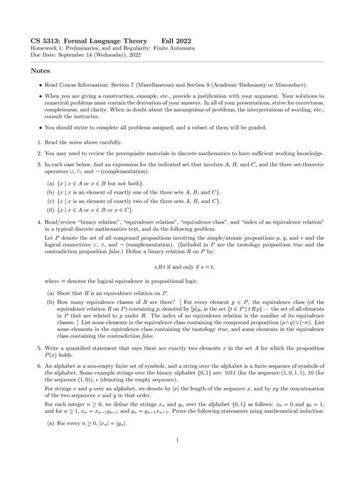 Hw1 Homework Questions Cs 5313 Formal Language Theory Fall 2022 Homework 1 Preliminaries