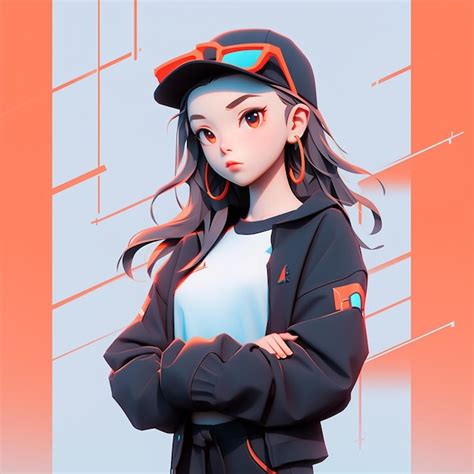Chica de anime con una gorra de béisbol y gafas de sol de pie con los brazos cruzados Foto Premium