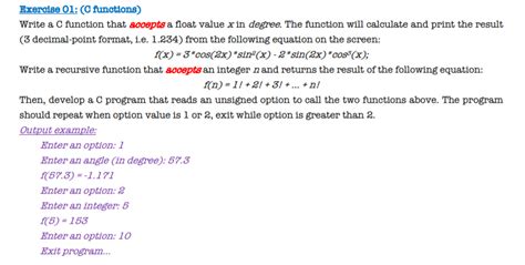 Solved Exercise 01 Functions Write A C Function That Chegg