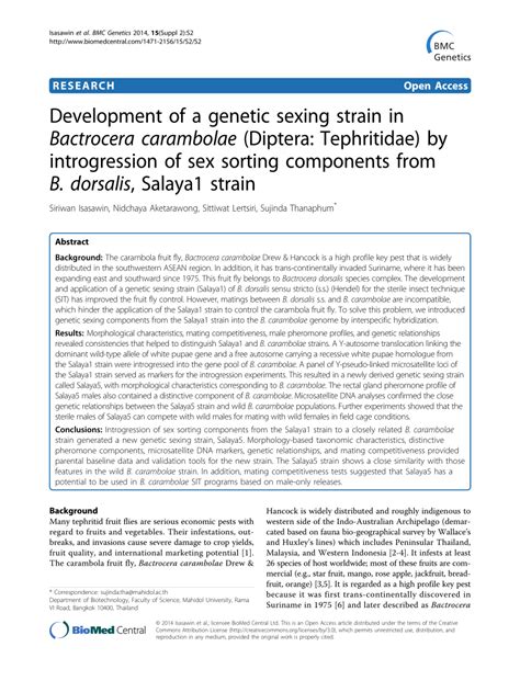 Pdf Development Of A Genetic Sexing Strain In Bactrocera Carambolae