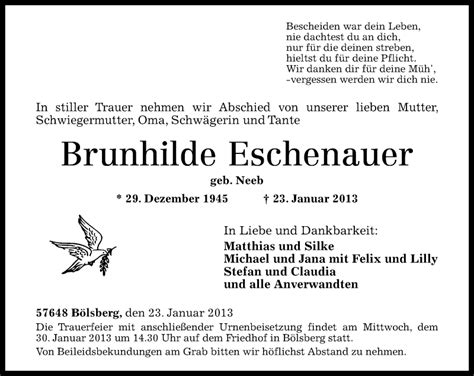 Traueranzeigen Von Brunhilde Eschenauer Rz Trauerde