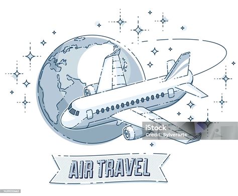 비행기 여객기 행성 지구 및 입력 리본 항공사 항공 여행 엠블럼 또는 일러스트 흰색 배경 위에 격리 된 아름다운 얇은 선 벡터입니다 로고에 대한 스톡 벡터 아트 및 기타