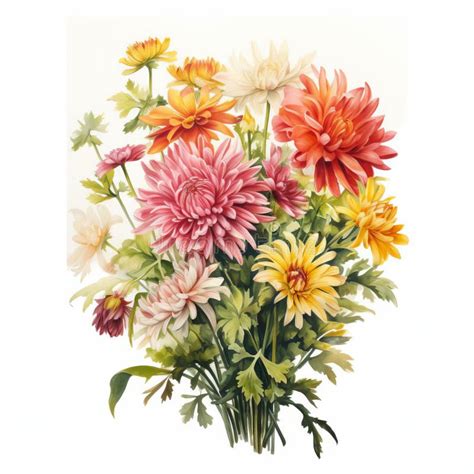 Vintage Watercolor Mum Bouquet On White Background Art Stock