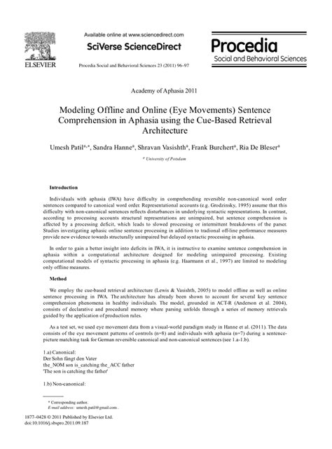 Pdf Modeling Offline And Online Eye Movements Sentence Comprehension In Aphasia Using The