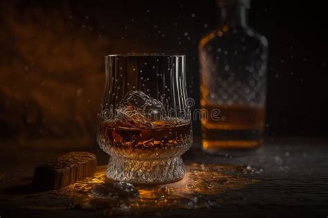 Whiskey Glass Brandy Bottle Of Whiskey With Ice Glass Of Scotch And Ice Sits On Top Of A