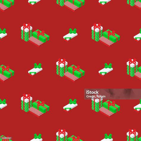 빨간색 배경에 컬러 선물 상자가있는 등색 벡터 원활한 패턴 리본 마크 플랫 만화 스타일의 3d 등가시적 매끄러운 패턴이있는