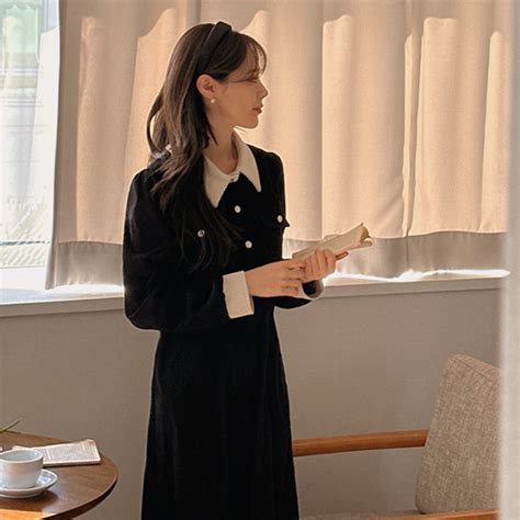 44 120 3천장 돌파 하미린 코듀로이 배색 카라 레이어드 롱 원피스 에이블리