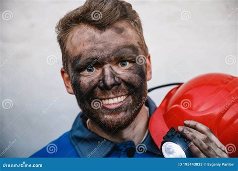 Portrait Miner Coal Man In Helmet With Lantern In Underground Mine Concept Industrial Engineer