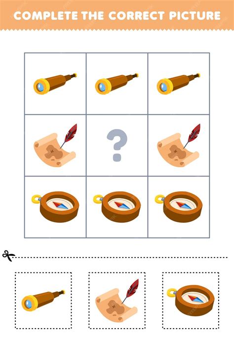 귀여운 만화 망원경 보물 지도 또는 나침반 인쇄 가능한 해적 워크시트의 올바른 그림을 선택하고 완료하는 어린이를 위한 교육 게임