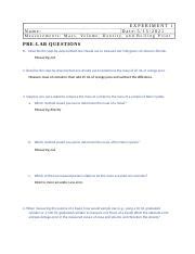 CHM1045L EXPERIMENT 1 Pre Lab Docx Name EXPERIMENT 1 Date 5 15 2021 M E A S U R E M E N T S