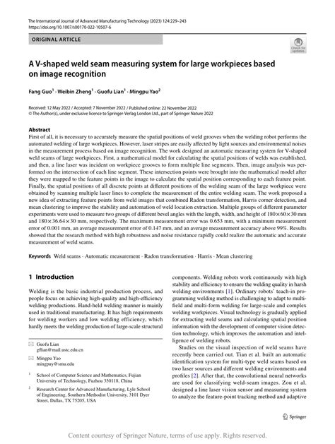 A V Shaped Weld Seam Measuring System For Large Workpieces Based On Image Recognition Request Pdf