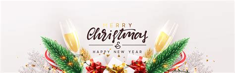 메리 크리스마스 배너 선물 상자 소나무 녹색 밝은 눈송이 크리스마스 조명 화환 안경 샴페인 수평 포스터 인사말 카드 헤더 웹 사이트 위에서 본 개체입니다 위쪽 보기 12월
