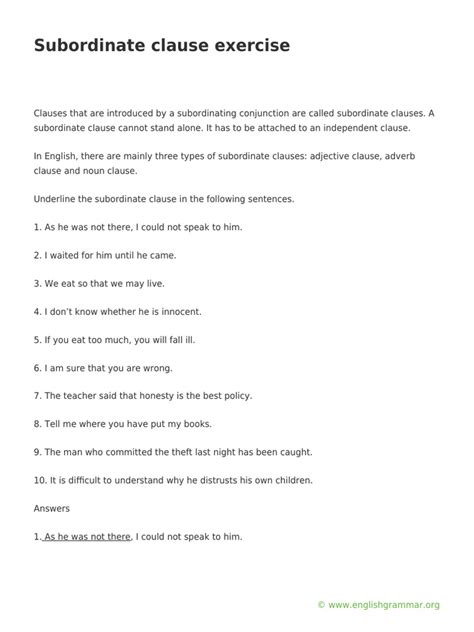 Subordinate Clause Exercise Pdf